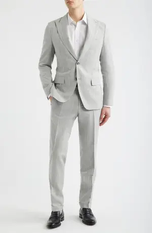 BOSS Huge Slim Fit Light Grey Stripe Peak Lapel Cotton & Wool Suit