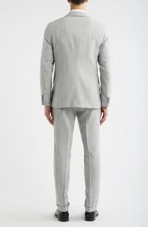 BOSS Huge Slim Fit Light Grey Stripe Peak Lapel Cotton & Wool Suit