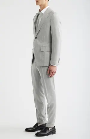 BOSS Huge Slim Fit Light Grey Stripe Peak Lapel Cotton & Wool Suit