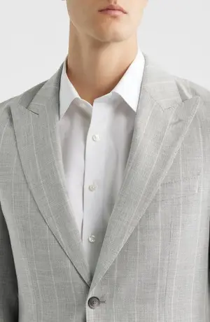 BOSS Huge Slim Fit Light Grey Stripe Peak Lapel Cotton & Wool Suit