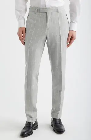 BOSS Huge Slim Fit Light Grey Stripe Peak Lapel Cotton & Wool Suit