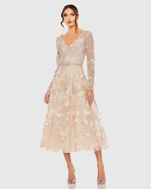 Mac Duggal Embroidered Long Sleeve Midi Dress