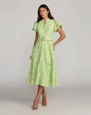 Mac Duggal Embroidered Lace Belted Midi Dress - Sage