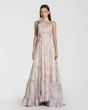 Mac Duggal Asymmetrical Ruffled Halter Floral Gown - Pink