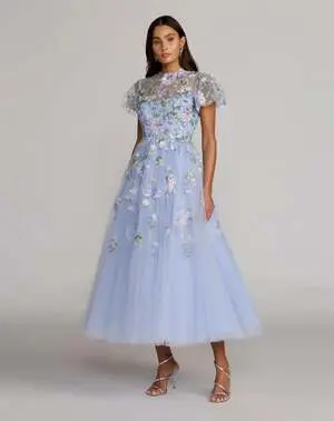 Mac Duggal Embroidered A-line Midi Dress With Flutter Sleeves