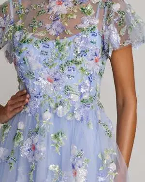 Mac Duggal Embroidered A-line Midi Dress With Flutter Sleeves