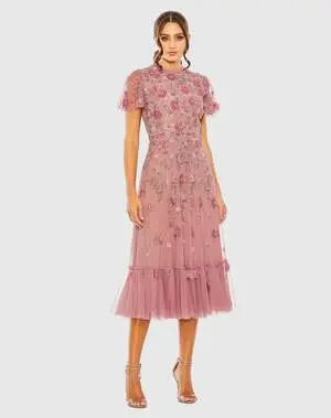 Mac Duggal Petite Embellished High Neck Flutter Sleeve A-line Dress - Pink