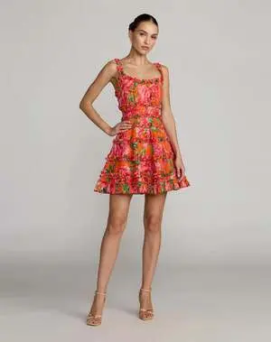 Mac Duggal Floral Square Neck Ruffled Mini Dress