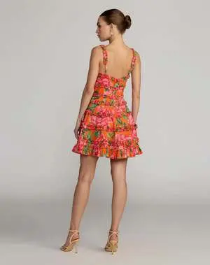 Mac Duggal Floral Square Neck Ruffled Mini Dress