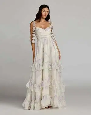 Mac Duggal Floral Chiffon Ruffle Gown With 3d Flower Straps