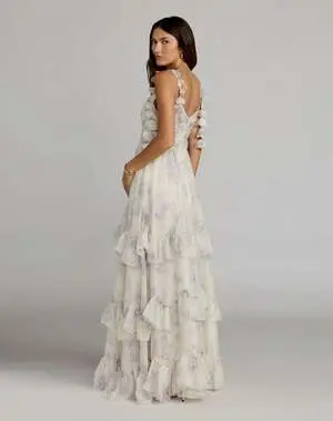 Mac Duggal Floral Chiffon Ruffle Gown With 3d Flower Straps