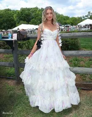 Mac Duggal Floral Chiffon Ruffle Gown With 3d Flower Straps