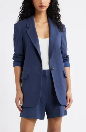OPEN EDIT Linen Blend Single-breasted Blazer - Navy Indigo