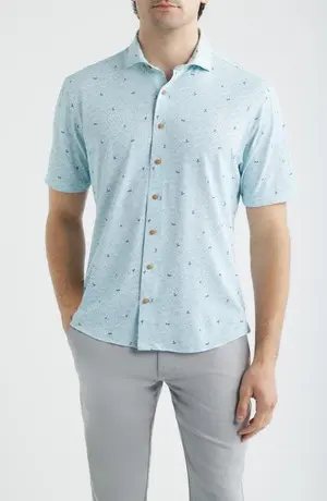 Johnnie-o Rowing Hangin’ Out Surfer Print Knit Short Sleeve Button-up Shirt
