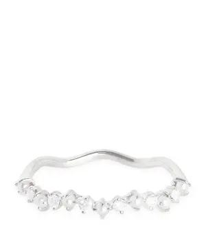 ASTRID & MIYU White Gold Wave Ring With Diamond And Pearl - Silver