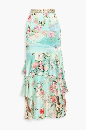 Camilla Floral-print Silk-satin Maxi Skirt - Mint