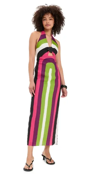 CALA DE LA CRUZ Orly Striped Linen Halterneck Maxi Dress - Arco