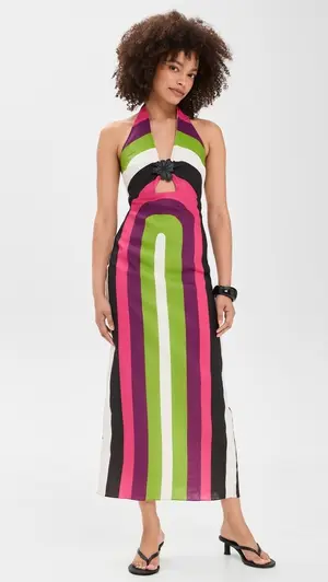 CALA DE LA CRUZ Orly Striped Linen Halterneck Maxi Dress