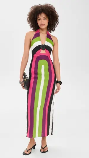 CALA DE LA CRUZ Orly Striped Linen Halterneck Maxi Dress