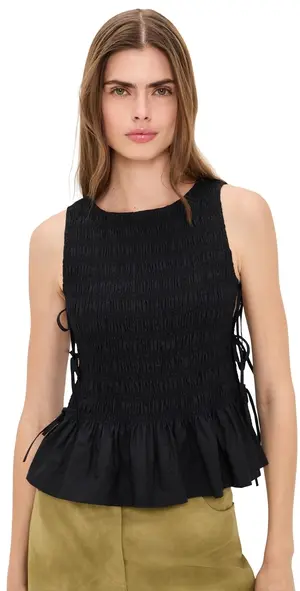 GANNI Poplin Smock Tie Top - Black
