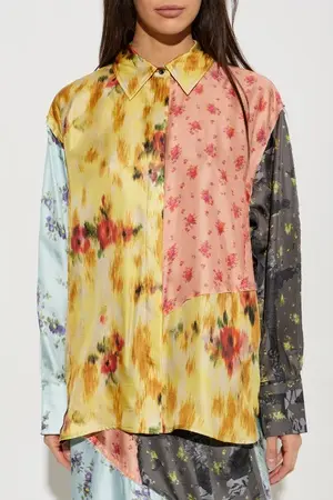 GANNI Floral Print Silk Button Down Shirt