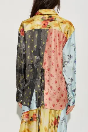 GANNI Floral Print Silk Button Down Shirt