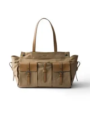 Prada Route Canvas And Leather Tote Bag - Neutral