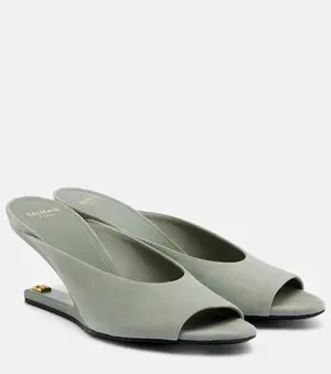 Balmain Suede Cutout Wedge Mules - Green