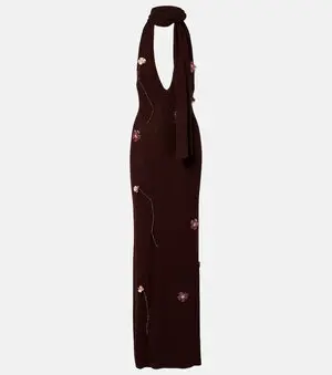 AYA MUSE Stem Floral-appliqué Knitted Maxi Dress - Brown