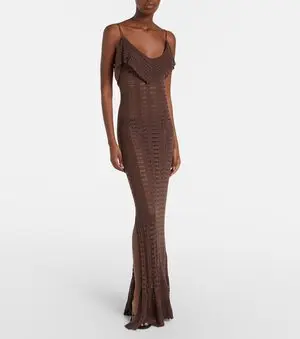 AYA MUSE Ruffled Pointelle Maxi Dress - Brown