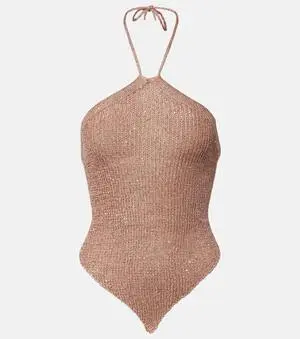 BANANHOT Liz Sequined Halterneck Top - Brown