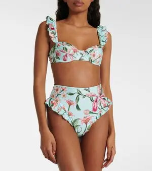 Agua Bendita Floral Ruffled Bikini Top - Blue
