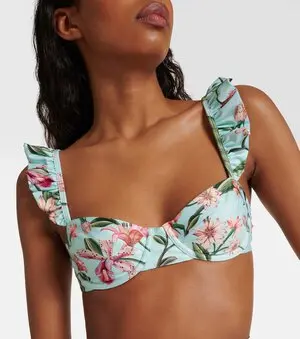 Agua Bendita Floral Ruffled Bikini Top - Blue