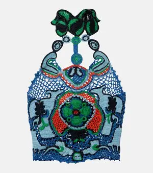 Etro Floral Crochet Cotton Halterneck Crop Top - Multicoloured