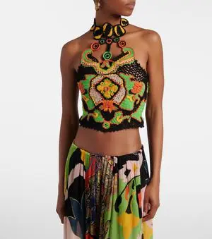 Etro Floral Crochet Cotton Halterneck Crop Top - Multicoloured