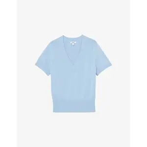 REISS Valerie V-neck Knitted Top - Soft Blue