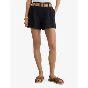 REISS Belted-waist Linen-blend Shorts - Navy