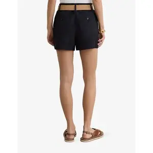 REISS Belted-waist Linen-blend Shorts - Navy