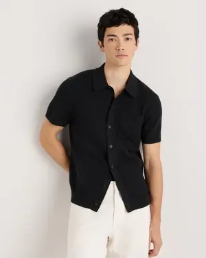 Quince Textured Button-up Sweater Polo - Black