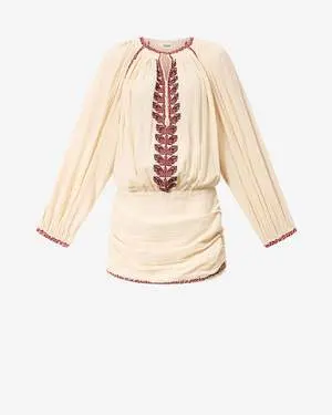 MARANT ETOILE Ludy Embroidered Cotton Gauze Dress - Beige/red