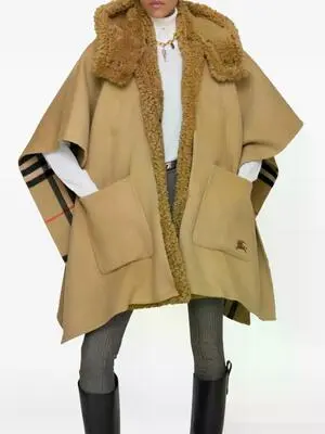 Burberry Reversible Shearling Trim Check Cashmere Cape
