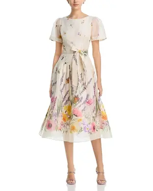 Rickie Freeman For Teri Jon Floral Print Drop Waist Midi Dress