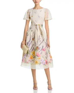 Rickie Freeman For Teri Jon Floral Print Drop Waist Midi Dress