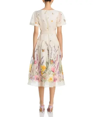 Rickie Freeman For Teri Jon Floral Print Drop Waist Midi Dress
