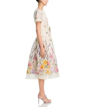 Rickie Freeman For Teri Jon Floral Print Drop Waist Midi Dress