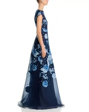 Rickie Freeman For Teri Jon Organza Jacquard Diagonal Seam Gown