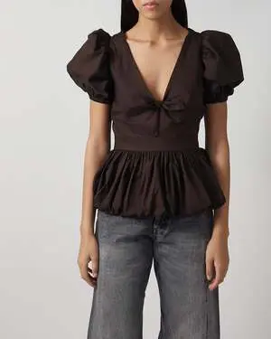 ROTATE BY BIRGER CHRISTENSEN Puff Sleeve Bubble Top With V-neckline And Front Tie Detail - Mole