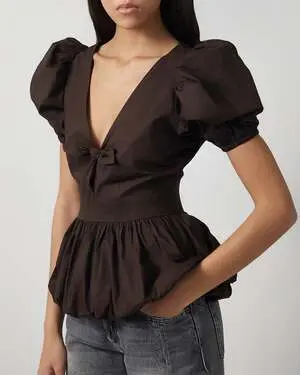 ROTATE BY BIRGER CHRISTENSEN Puff Sleeve Bubble Top With V-neckline And Front Tie Detail - Mole