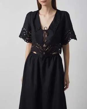 MALINA Estela Broderie Anglais Cropped Blouse - Black