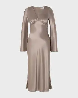 MALINA Carolina Flared Sleeve Satin Midi Dress
